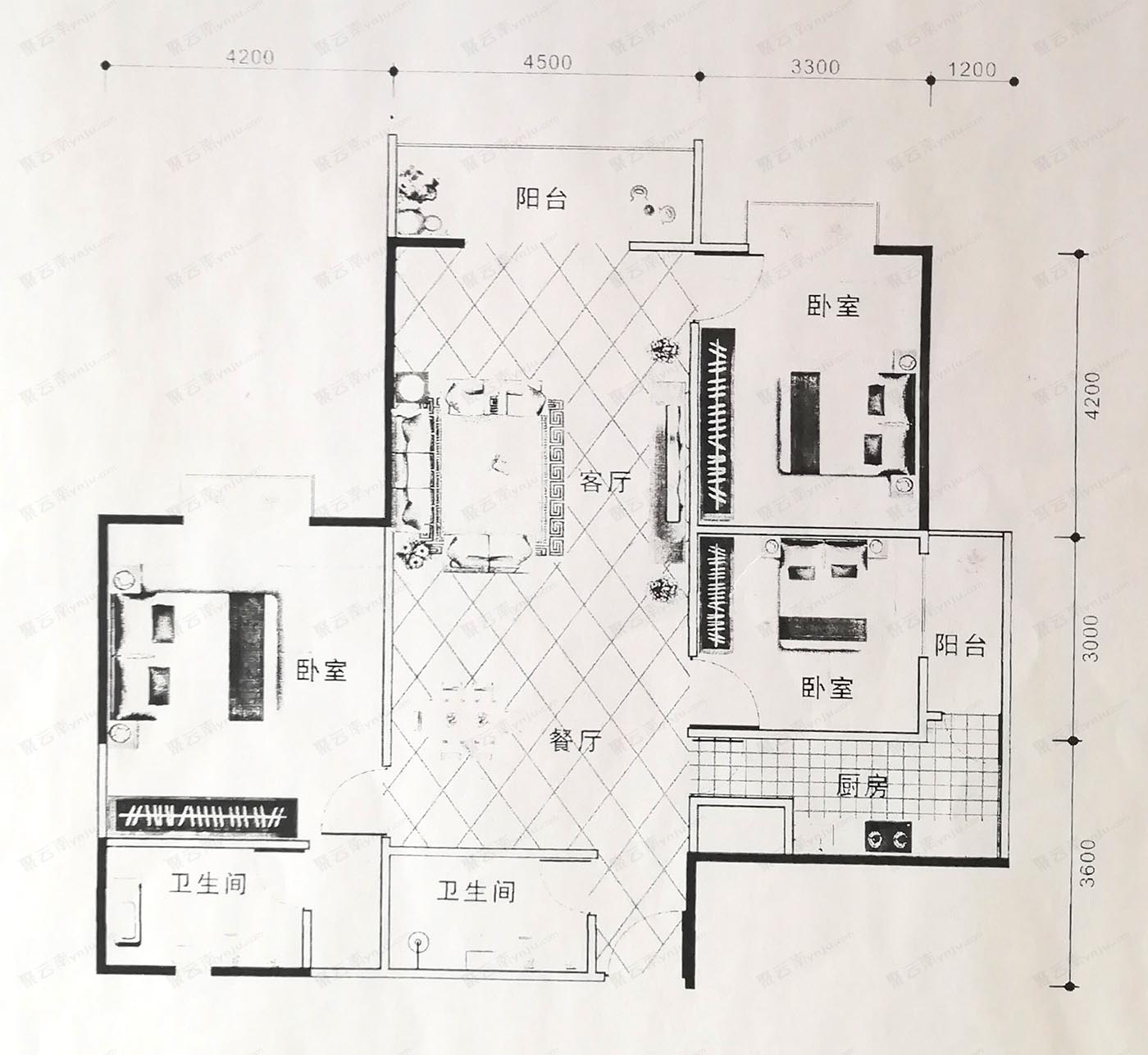 个旧市水榭嘉园3-3户型户型图_聚云南房产网 | YNJU.COM_红河州房地产专业导购平台